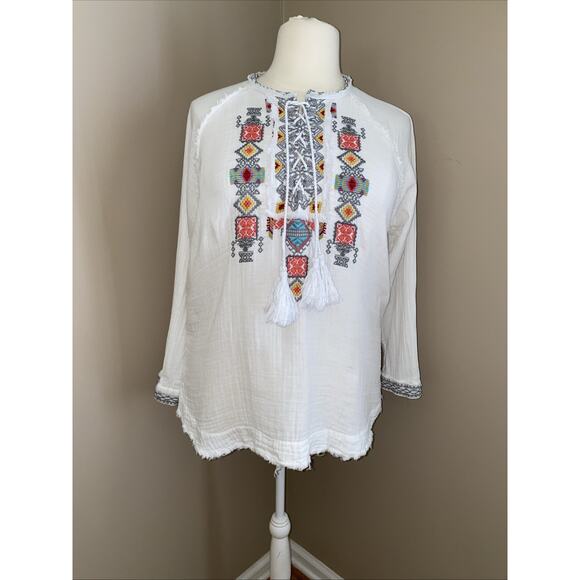 Johnny Was | Tops | Johnny Was White Embroidered Aztec Tassels Long ...